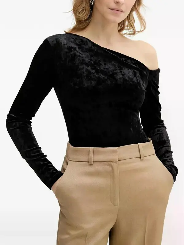 Guess One-shoulder Long-sleeve Velvet Bodysuit - Black