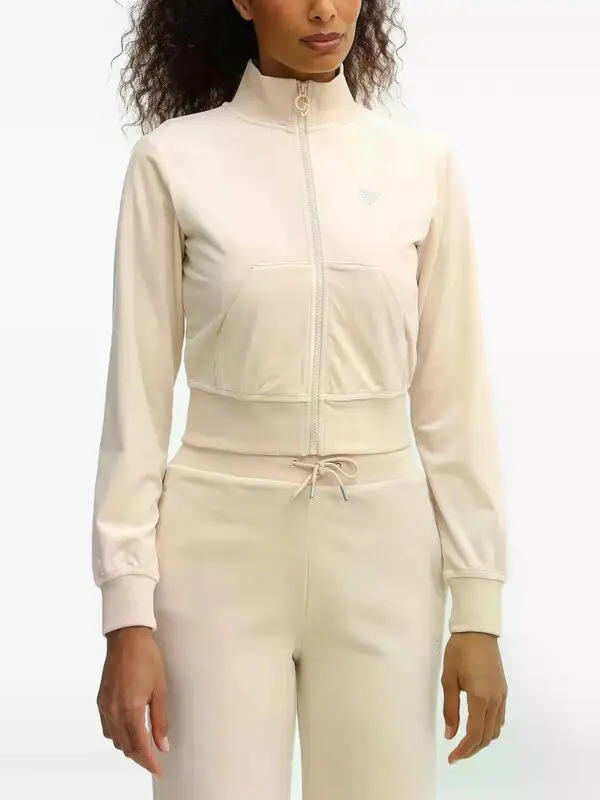 Guess Embellished Zip-up Cropped Sweatshirt - Neutrals