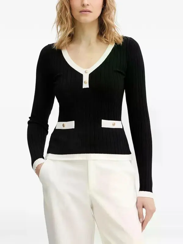 Guess Ribbed Buttoned Knit V-neck Sweater