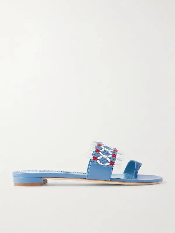 Manolo Blahnik Brava Raffia And Leather Sandals - Blue