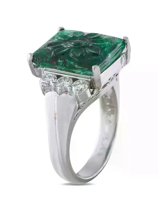 LB EXCLUSIVE Platinum Carved Emerald And Diamond Ring - Silver