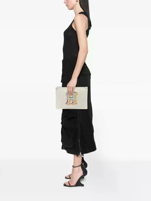 Hermès H Canvas Embroidered Flat Case Clutch - Brown