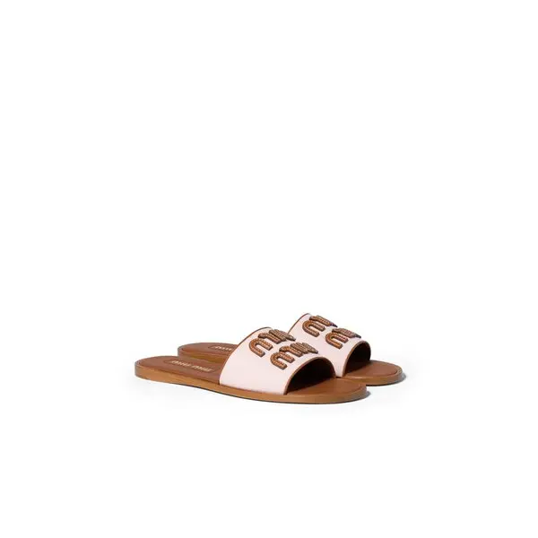 Miu Miu Embellished Logo Canvas And Leather Slides - Peach/brandy