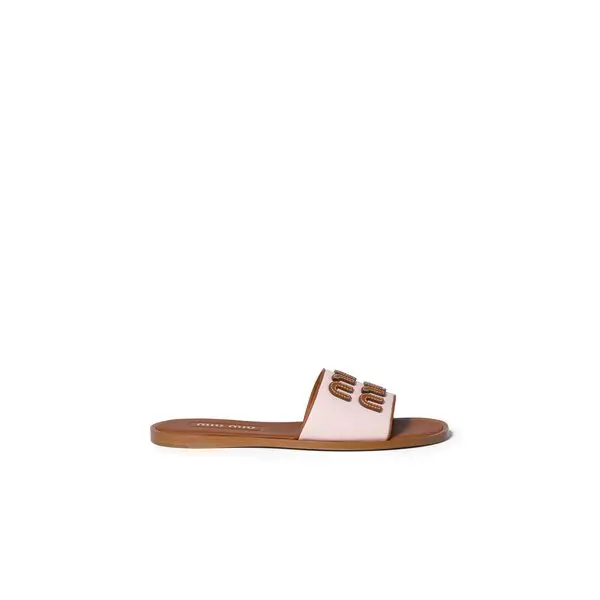 Miu Miu Embellished Logo Canvas And Leather Slides - Peach/brandy