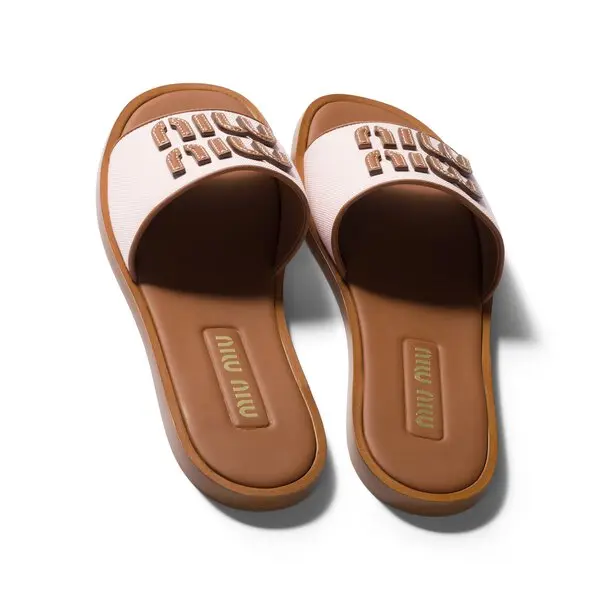 Miu Miu Embellished Logo Canvas And Leather Slides - Peach/brandy