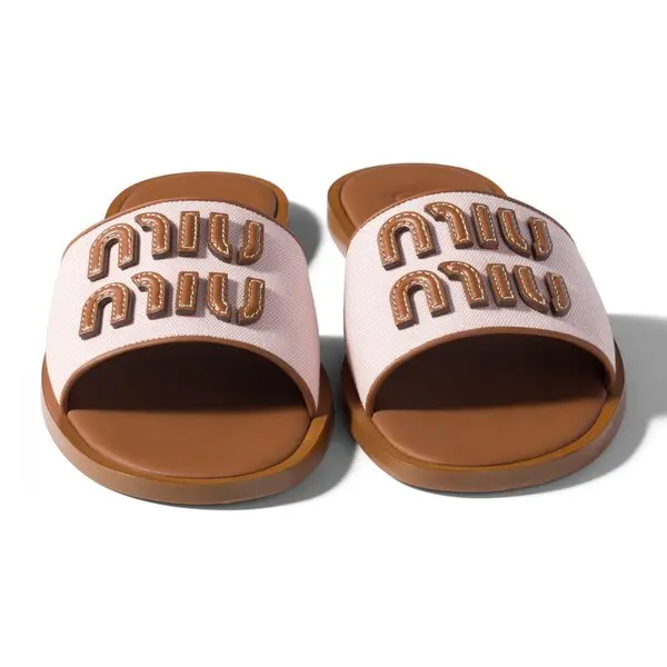 Miu Miu Embellished Logo Canvas And Leather Slides - Peach/brandy