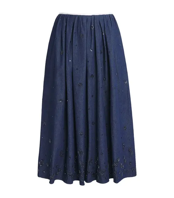 Maje Embellished Denim Midi Skirt - Blue