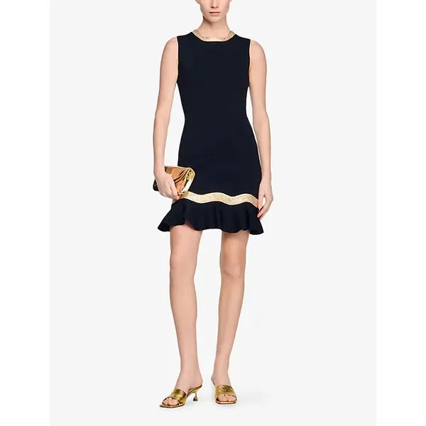 Sandro Sleeveless Knitted Mini Dress With Metallic Trim