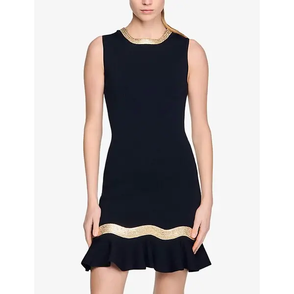 Sandro Sleeveless Knitted Mini Dress With Metallic Trim