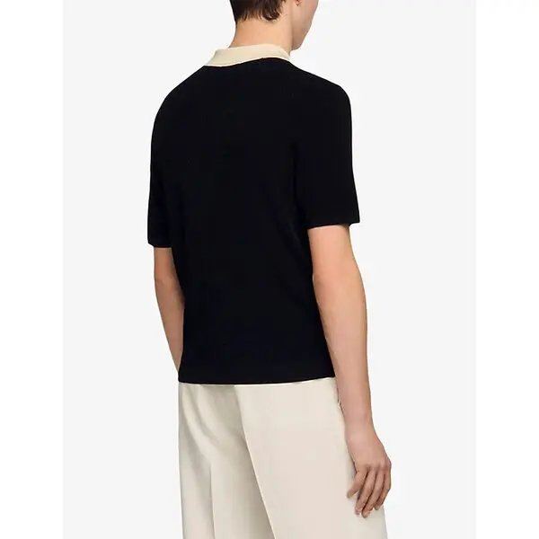 Sandro Contrast-collar Stretch-knit Polo Shirt - Black