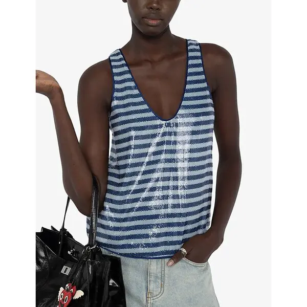 Zadig&Voltaire Tarys Striped Sequin-embellished Top - Sky