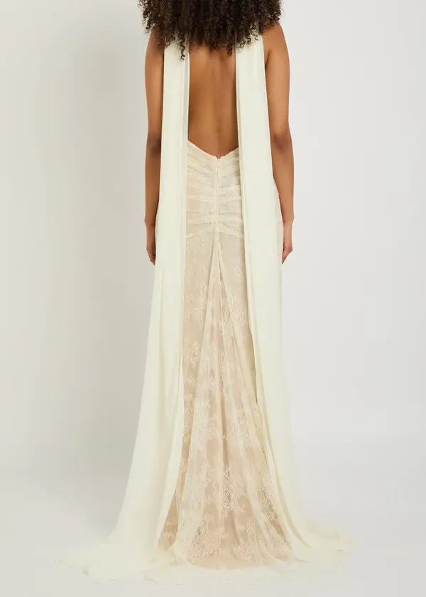DE LA VALI Amora Lace Gown With Chiffon Scarf - Ivory