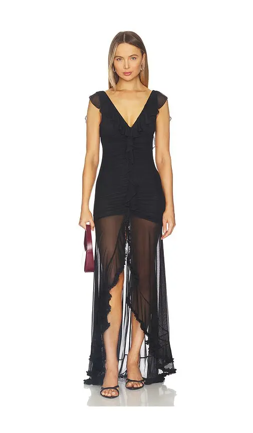 RUNAWAY THE LABEL Blythe V-neck Frill Maxi Dress - Black