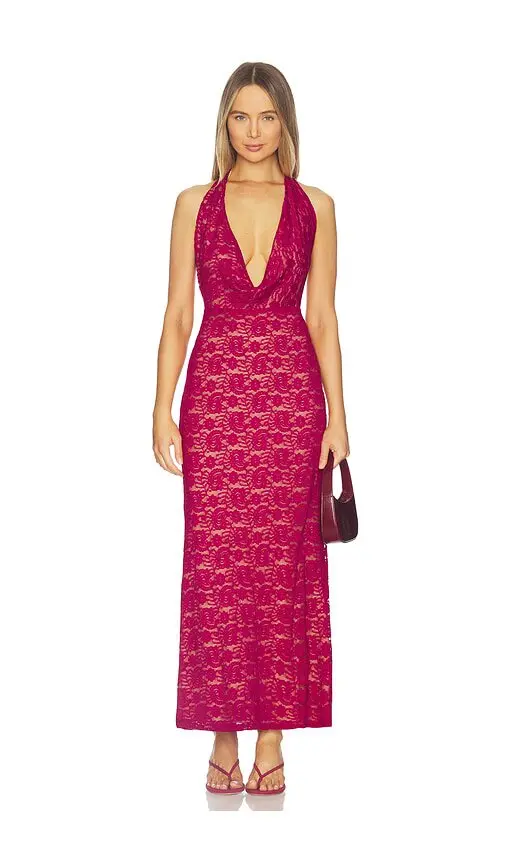 RUNAWAY THE LABEL Plunge Cowl Lace Maxi Dress - Fuchsia