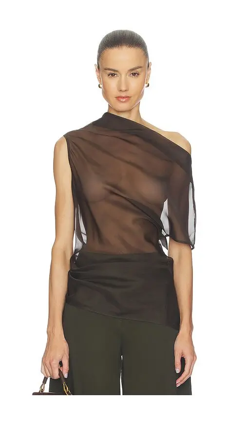 EAVES Asymmetrical Drape Chiffon Top - Brown