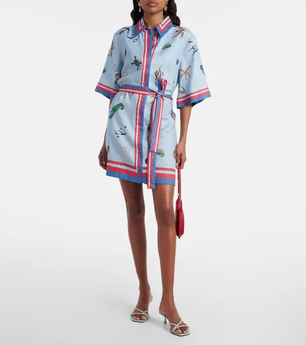 ALEMAIS Printed Belted Linen Shirt Dress - Blue
