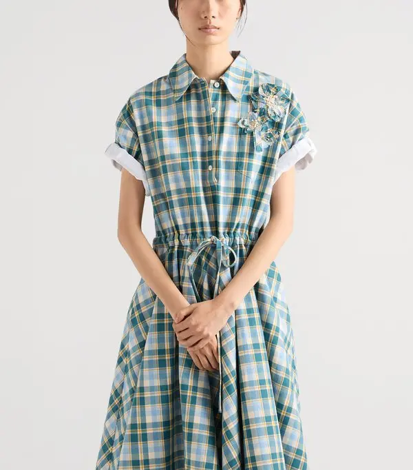 Prada Cotton Check Shirt Dress With Embellishments - Neutral