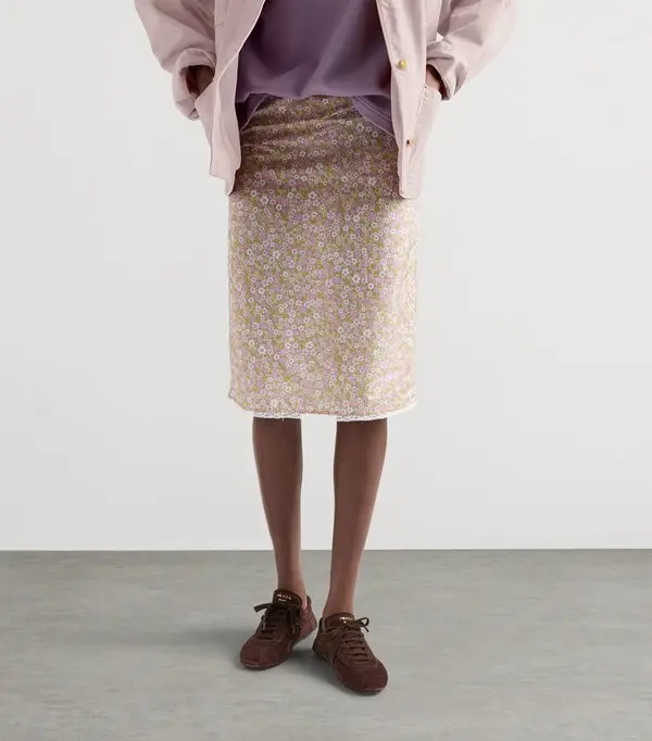 Prada Re-nylon Floral Midi Skirt With Lace Trims - Pink