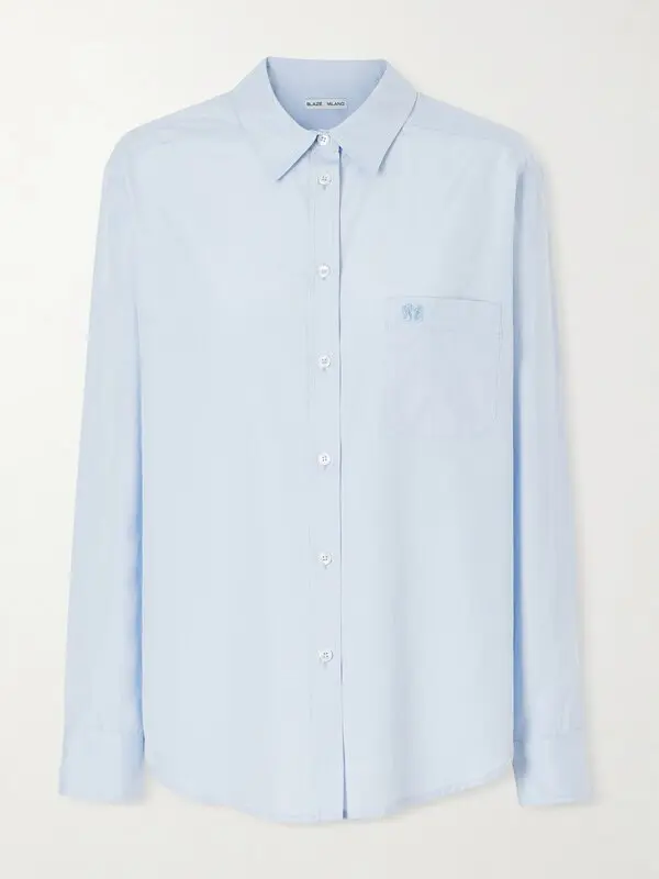 BLAZÉ MILANO Embroidered Silk And Cotton-blend Poplin Shirt - Blue