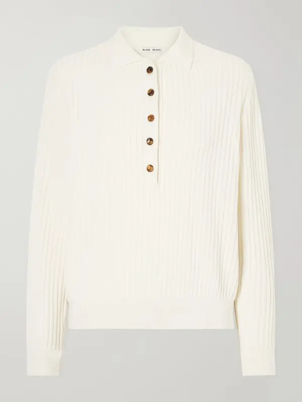 BLAZÉ MILANO Alegria Cable Knit Polo Sweater In Silk And Cotton-blend - Neutrals