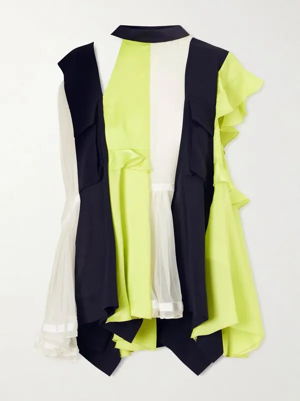 Sacai Paneled Ruffled Pleated Wool, Satin And Chiffon Blouse