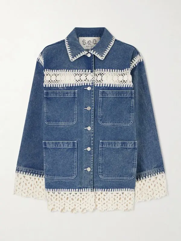 Sea Crochet-trimmed Denim Jacket - Blue