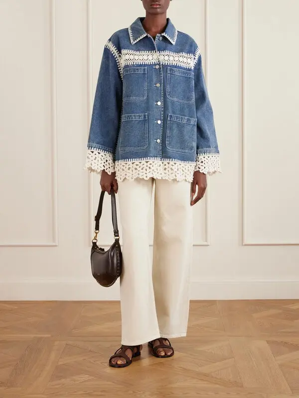Sea Crochet-trimmed Denim Jacket - Blue