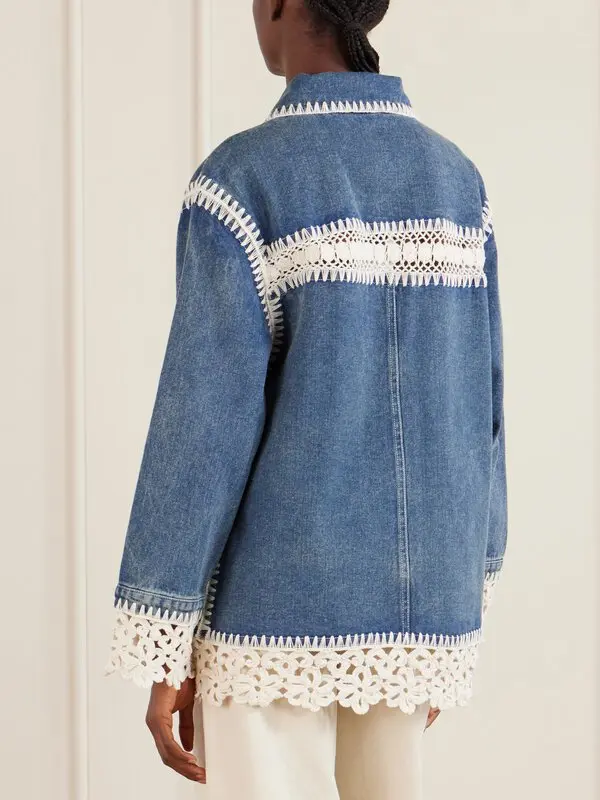 Sea Crochet-trimmed Denim Jacket - Blue