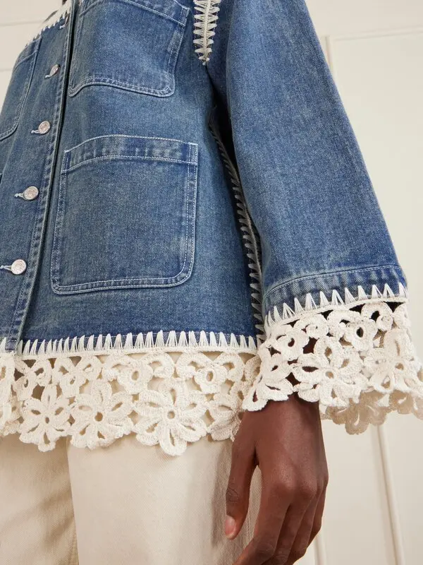 Sea Crochet-trimmed Denim Jacket - Blue