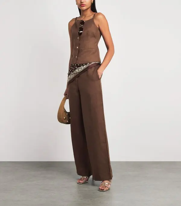 Maje Linen Belted Wide-leg Trousers - Brown