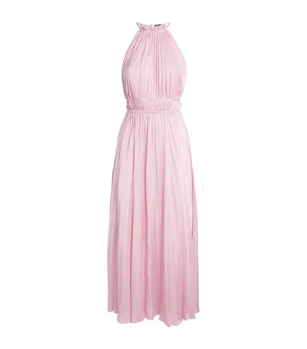 Maje Pleated Satin Halterneck Maxi Dress - Pink