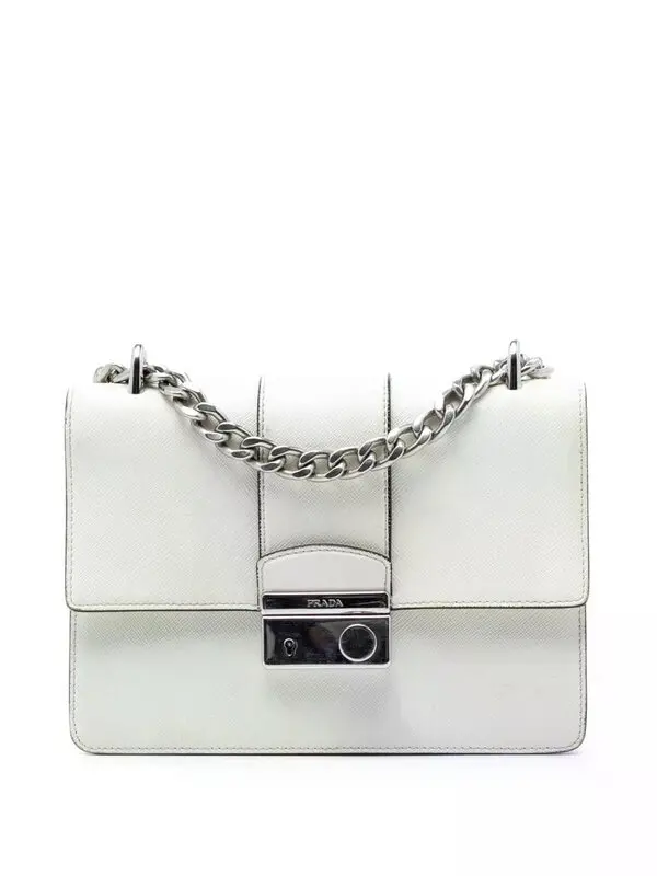 Prada Saffiano Leather Sound Lock Chain Crossbody Bag - White