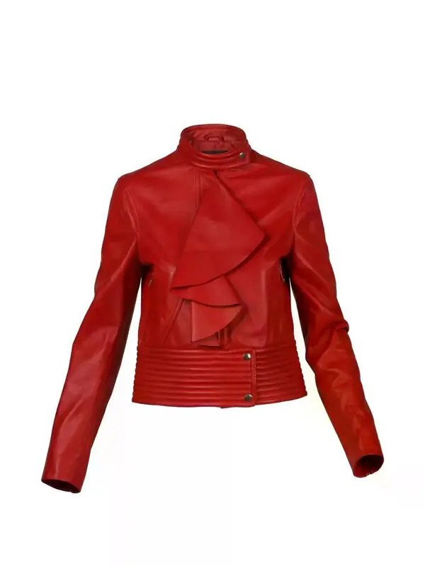 Valentino Garavani Leather Ruffled High Neck Jacket - Red