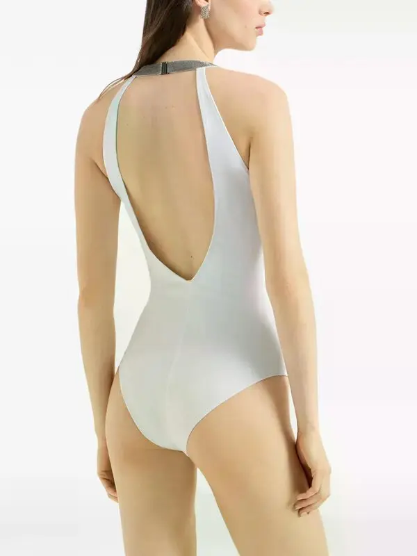 Brunello Cucinelli Embellished Techno-jersey Halterneck Swimsuit - White