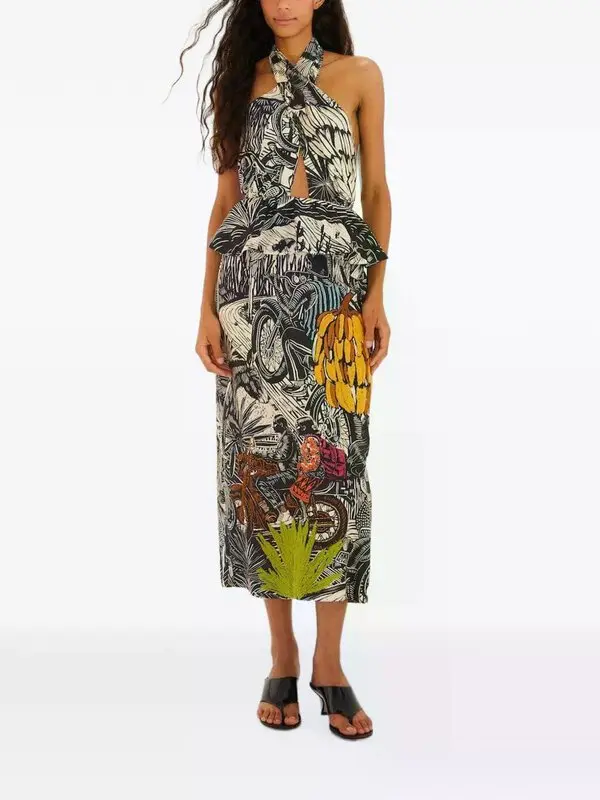 Farm Rio Graphic Print Halter Neck Peplum Dress - Black