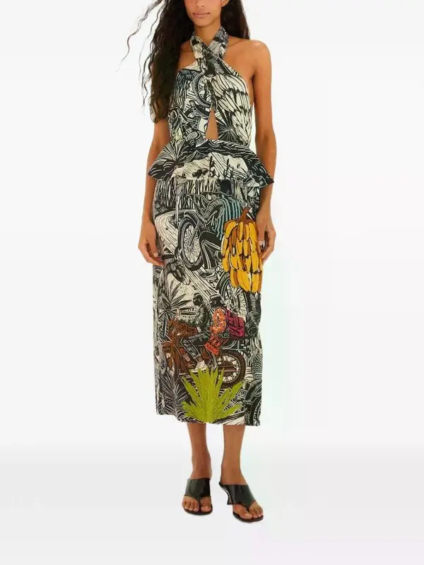 Farm Rio Graphic Print Halter Neck Peplum Dress - Black