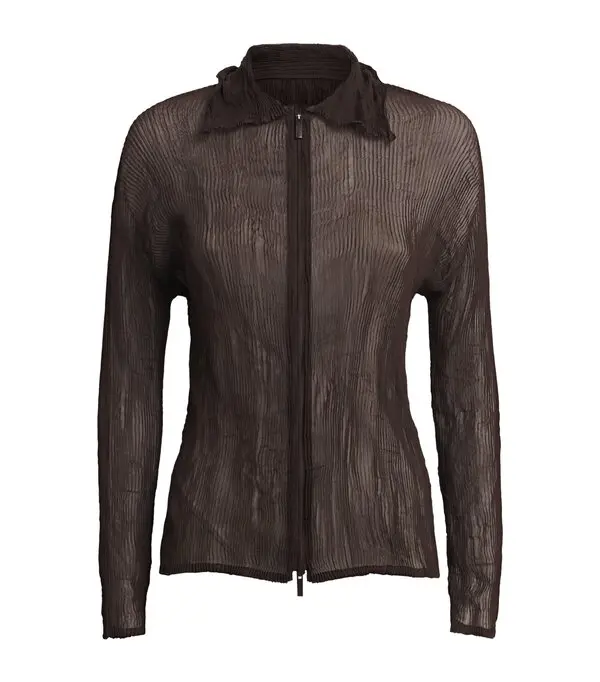 Issey Miyake Chiffon Twist Pleated Zip Cardigan - Brown