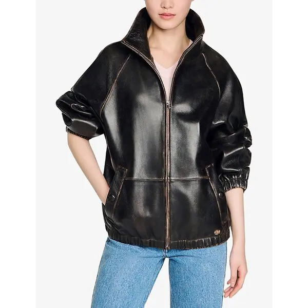 Sandro Distressed Funnel-neck Leather Jacket