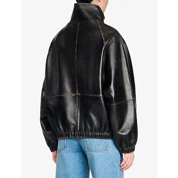 Sandro Distressed Funnel-neck Leather Jacket