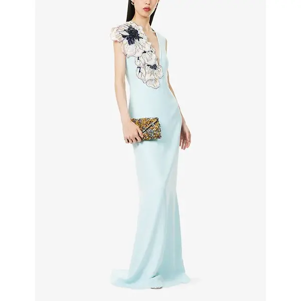 Costarellos Sequined Floral Embellished Satin Gown - Blue Waters