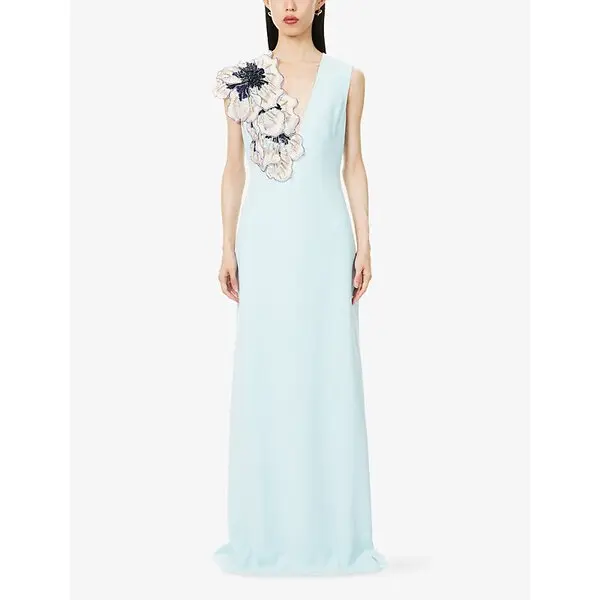 Costarellos Sequined Floral Embellished Satin Gown - Blue Waters
