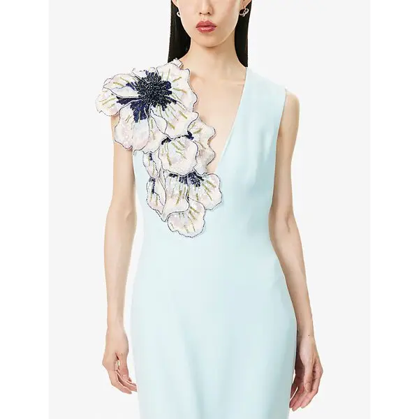 Costarellos Sequined Floral Embellished Satin Gown - Blue Waters