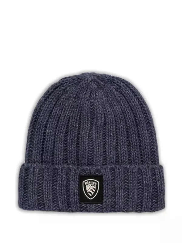 BLAUER. Ribbed Logo Patch Beanie Hat - Blue
