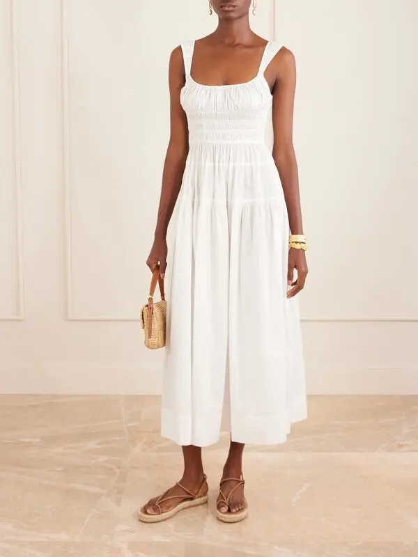 DÔEN Clover Shirred Organic Cotton-poplin Midi Dress - White