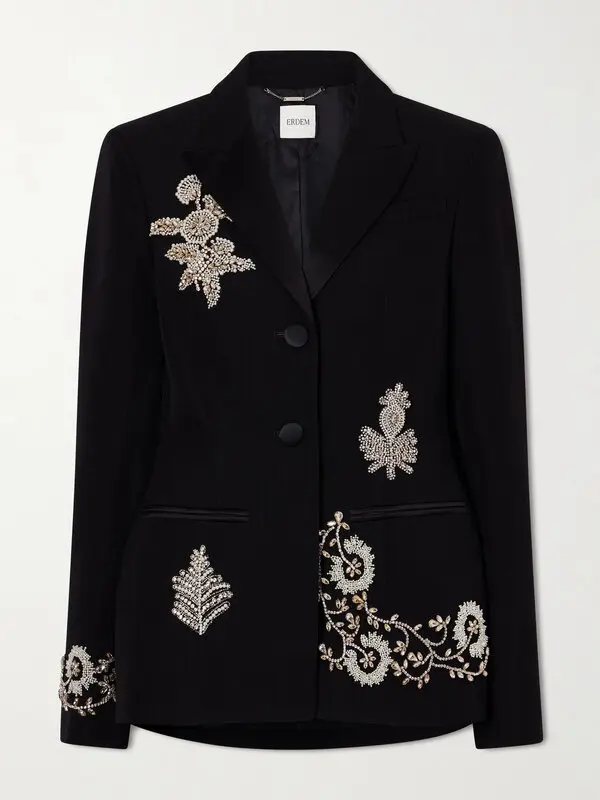 Erdem Embellished Grain De Poudre Wool Blazer - Black
