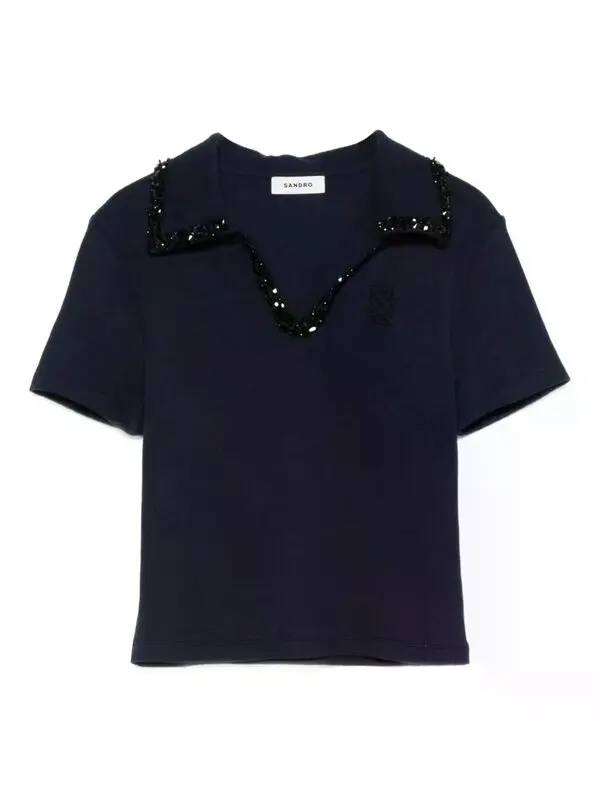 Sandro Cropped Embellished Collar Polo Shirt - Blue