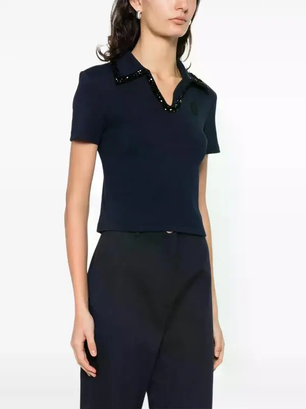 Sandro Cropped Polo Top With Embellished Collar - Blue