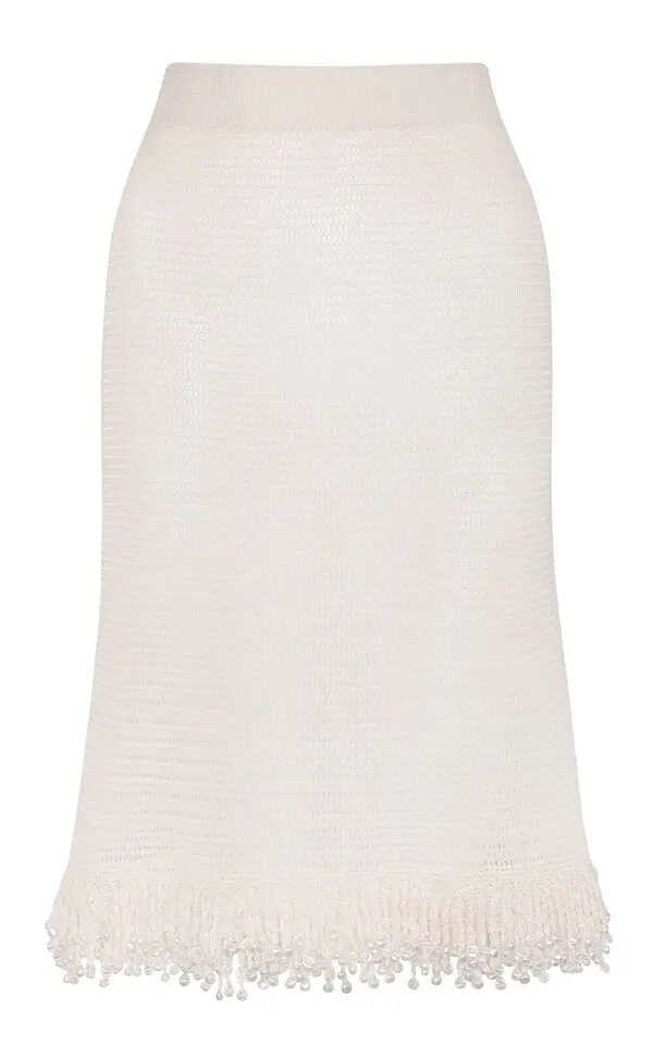 Paris Georgia Fringed Knit Cotton Midi Skirt - White
