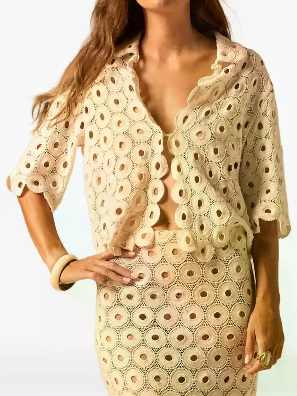 JBQ Braydon Cut-out Blouse With Collared Neckline And Short Sleeves - Neutrals
