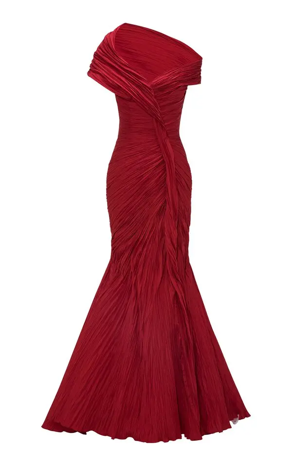 MARMAR HALIM Ruched Taffeta Mermaid Gown - Red